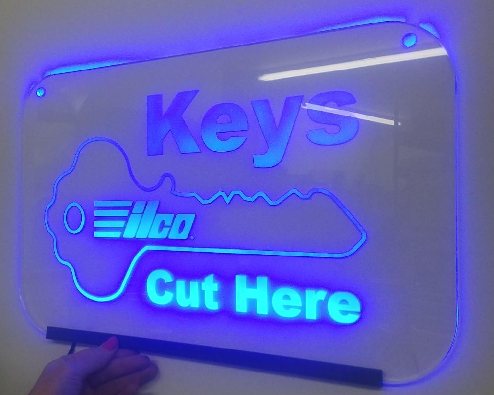 Glowing LED "Keys Cut Here" Sign